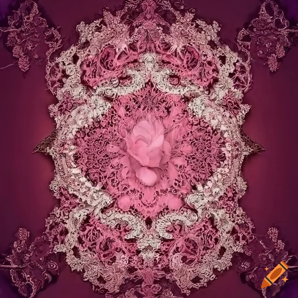 Intricate lace patterns with delicate pink roses capturing vintage ...