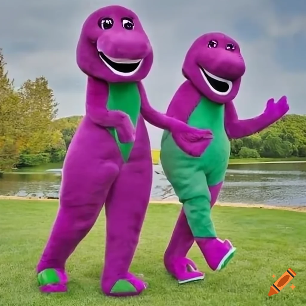 Mother wearing a full body barney mascot costume at park on Craiyon