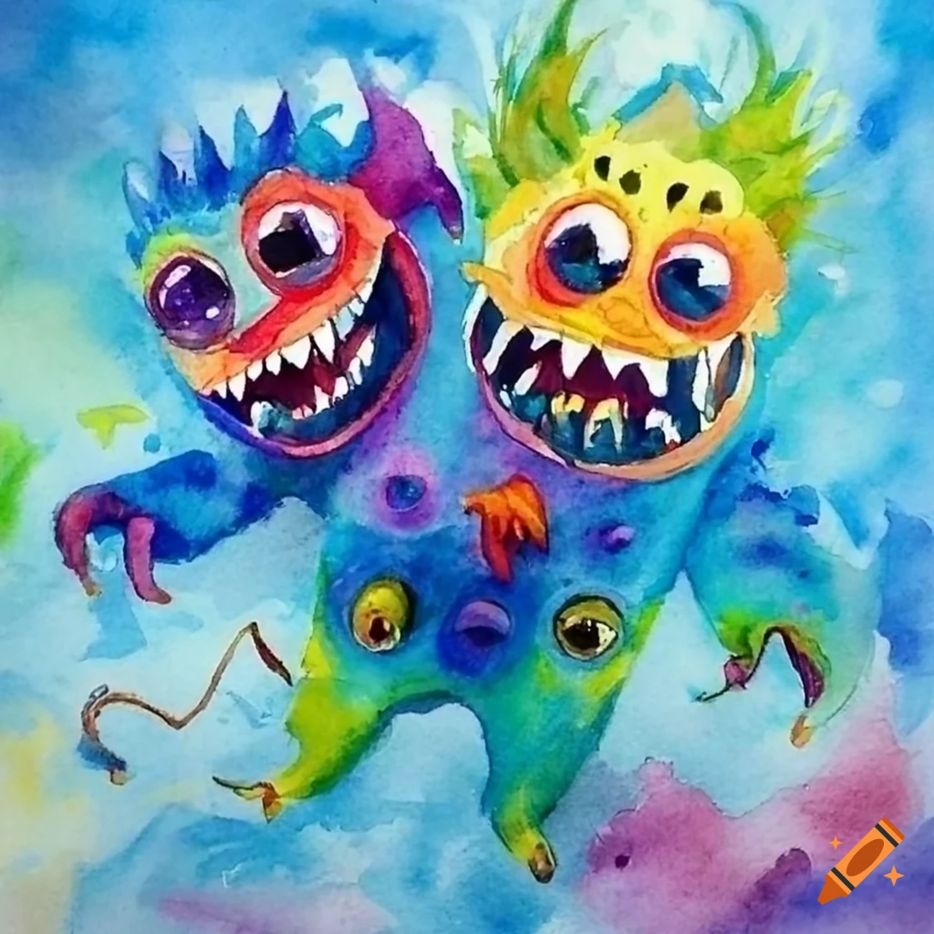 Colorful watercolor artwork of monsters on Craiyon