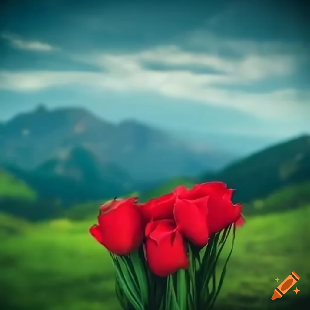 Romantic bunch of red roses and daffodils in mountain panorama on Craiyon