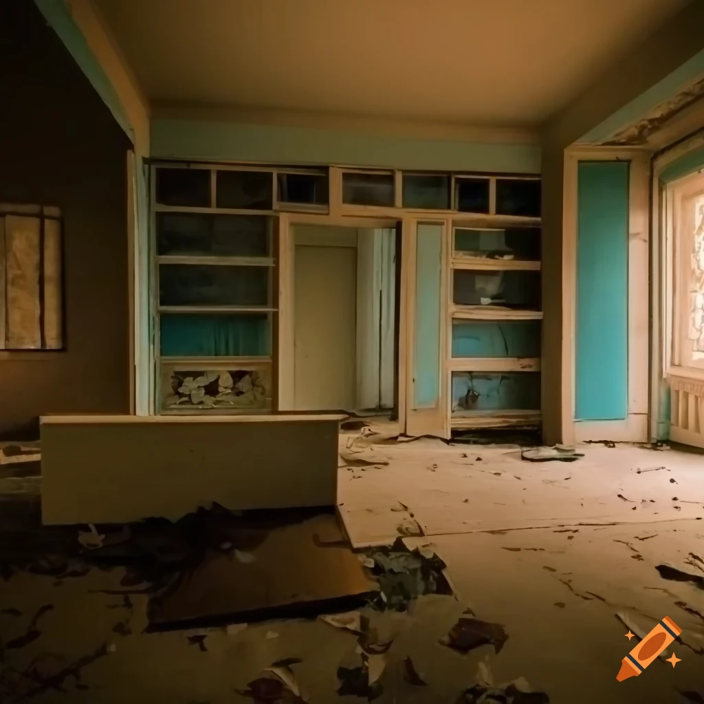 Abandoned flooded storage room with built-in cabinets and narrow ...