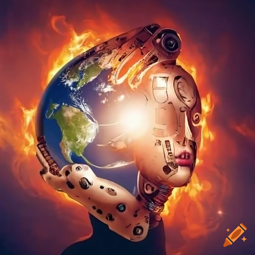 Cyborg Arm holding Earth in space with the earth on fire on Craiyon