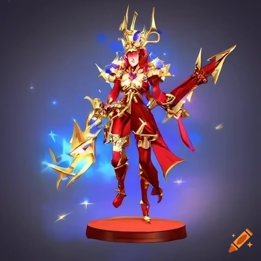 Anime character with gold and ruby diamond crown, red dress, and ...