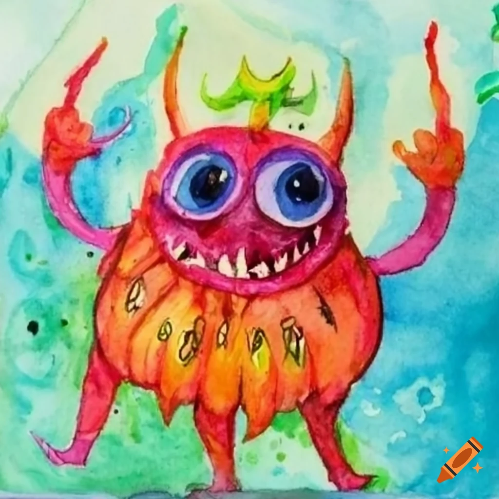 Watercolor doodle of monsters on Craiyon