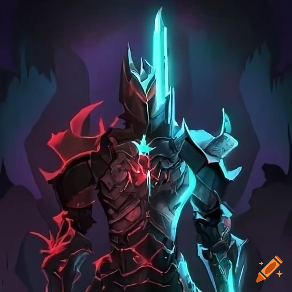 Anime character shadow knight in demonic plate armor with a neon ...