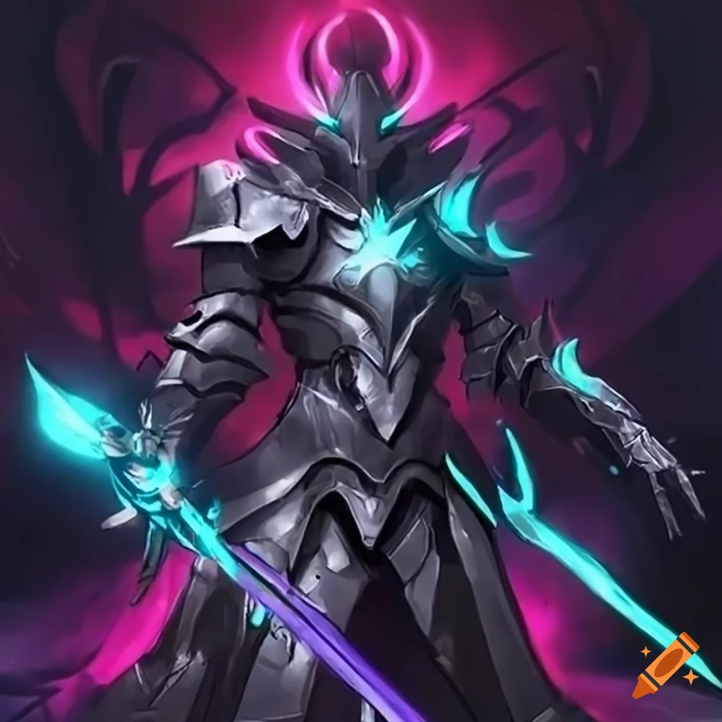 Anime character shadow knight in demonic plate armor with a neon ...