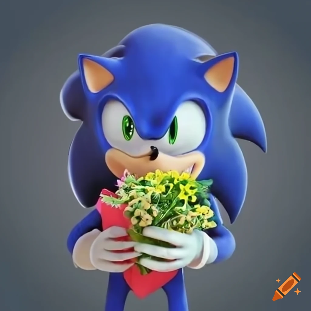 Sonic the hedgehog holding a bouquet of flowers and smiling on Craiyon