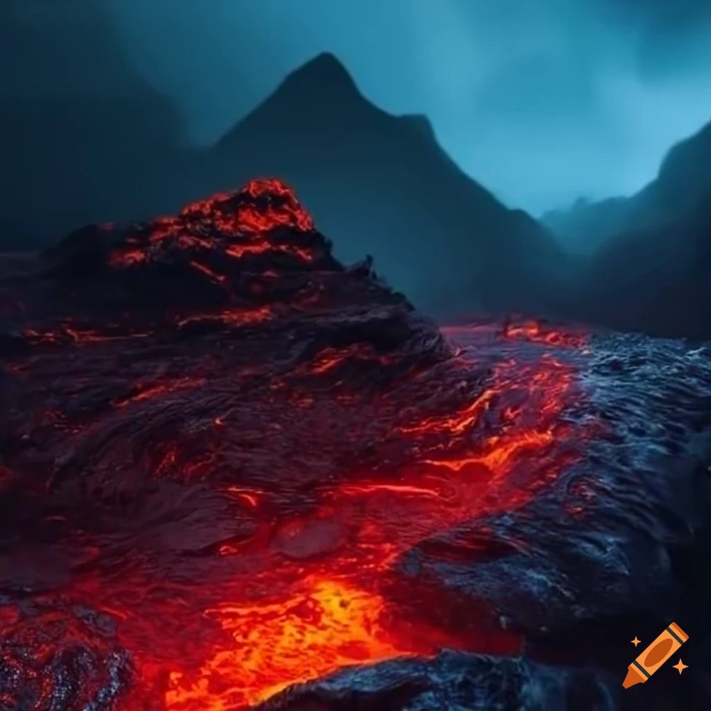 Lava river flowing through dark underworld with rocky terrain on Craiyon