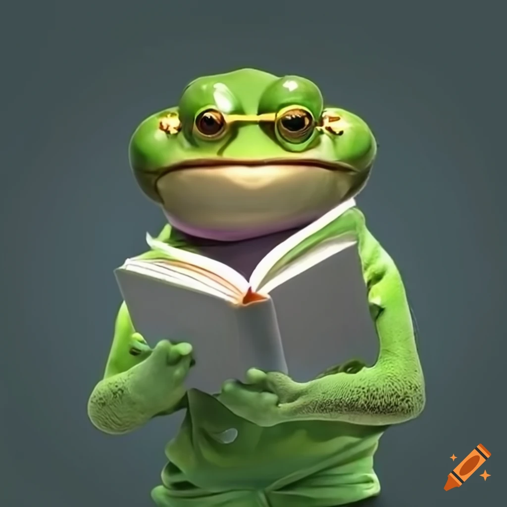 Frog with a moustache reading a book on Craiyon