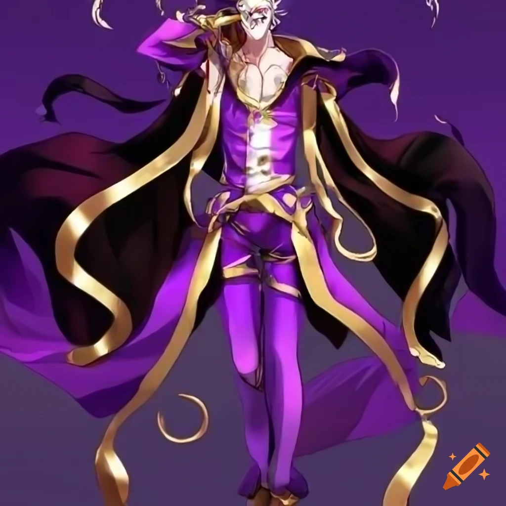 Anime character with purple and gold jester outfit and long hat on Craiyon
