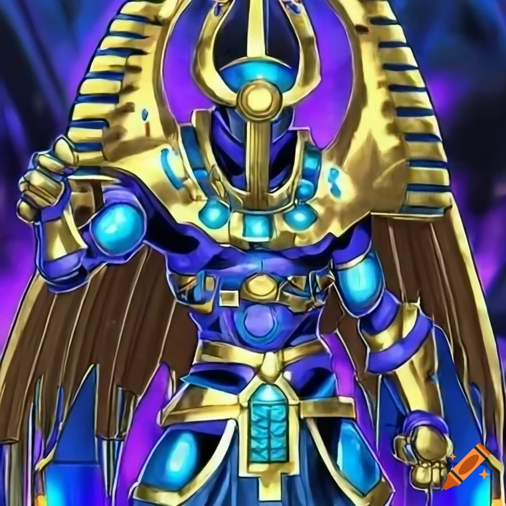 Scarab in blue and gold Egyptian armor in Yugioh card art style on Craiyon