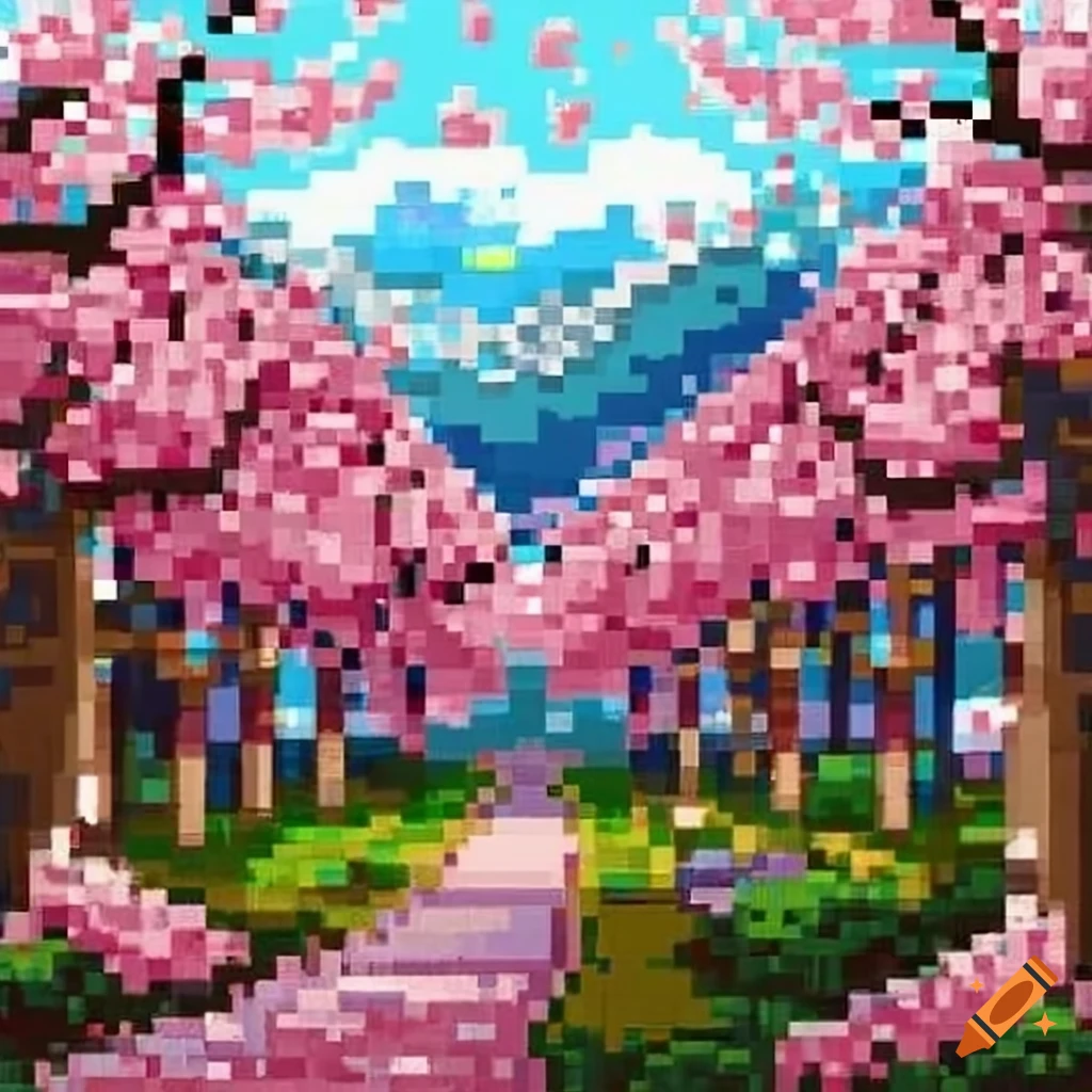 Pixel art of a cherry blossom village on Craiyon
