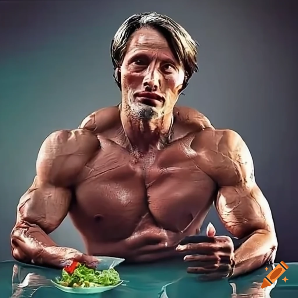 Mads mikkelsen bodybuilder eating a salad on Craiyon