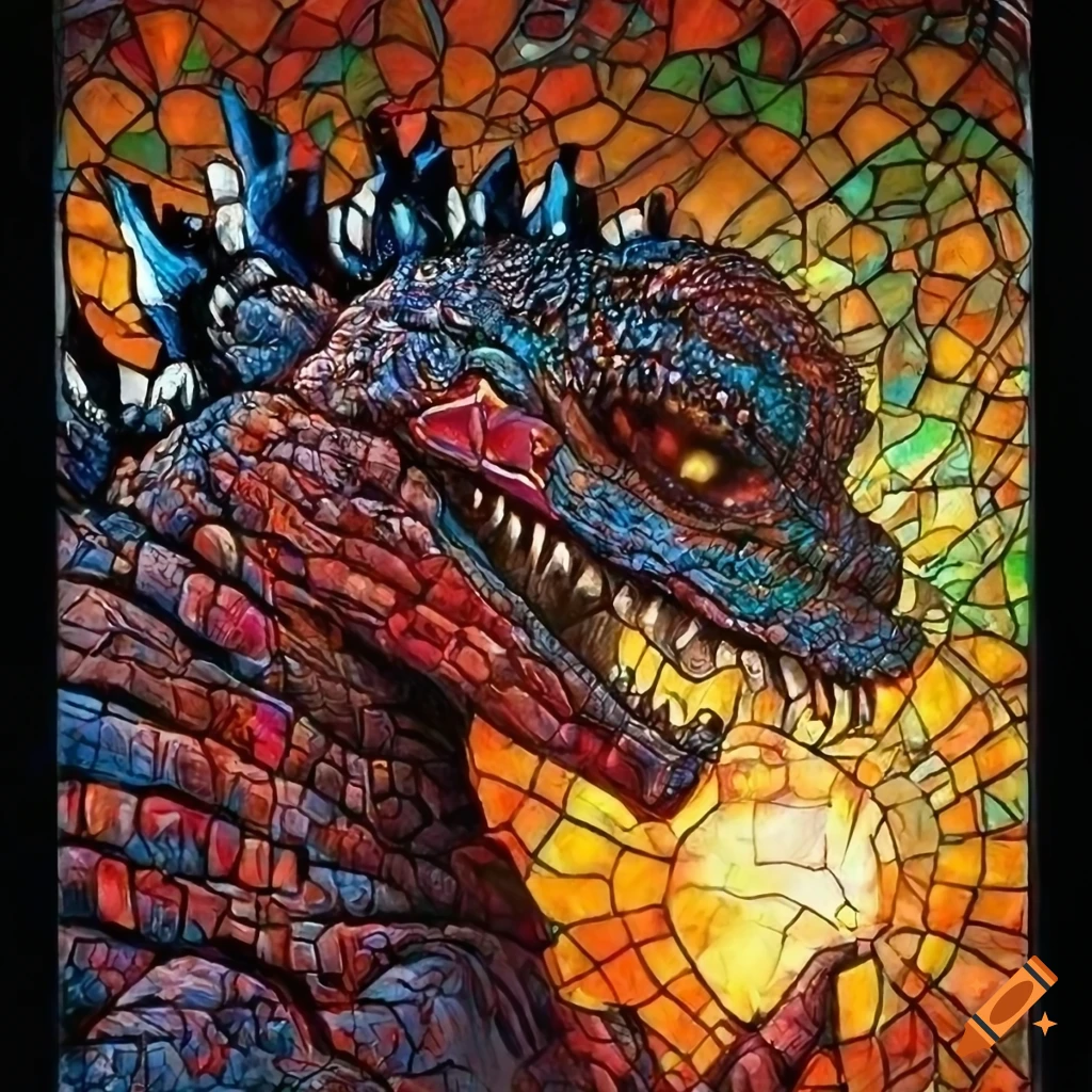 Stained glass depiction of godzilla with curvy features, by james ...