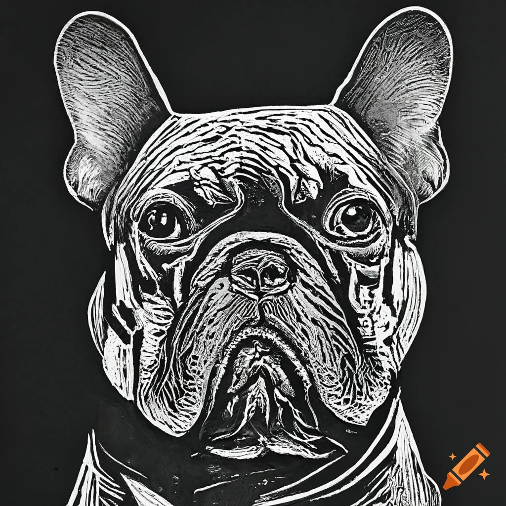French bulldog in lino print style collage on Craiyon