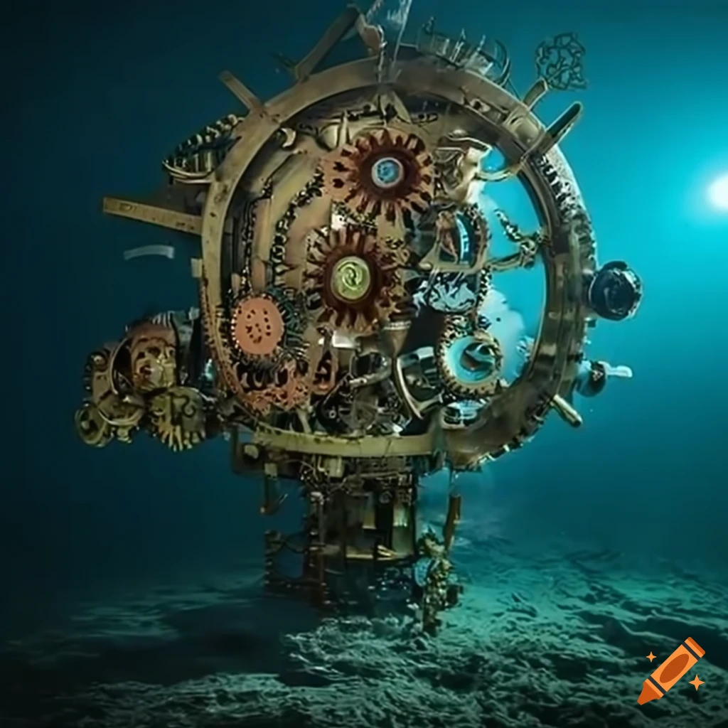 Giant steampunk machine submerged in water on Craiyon