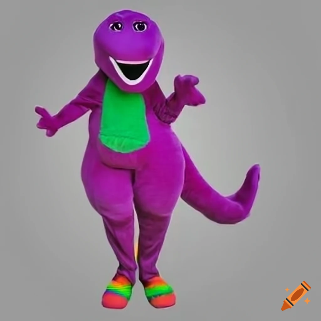 Female librarian in a full body barney mascot costume at school library ...