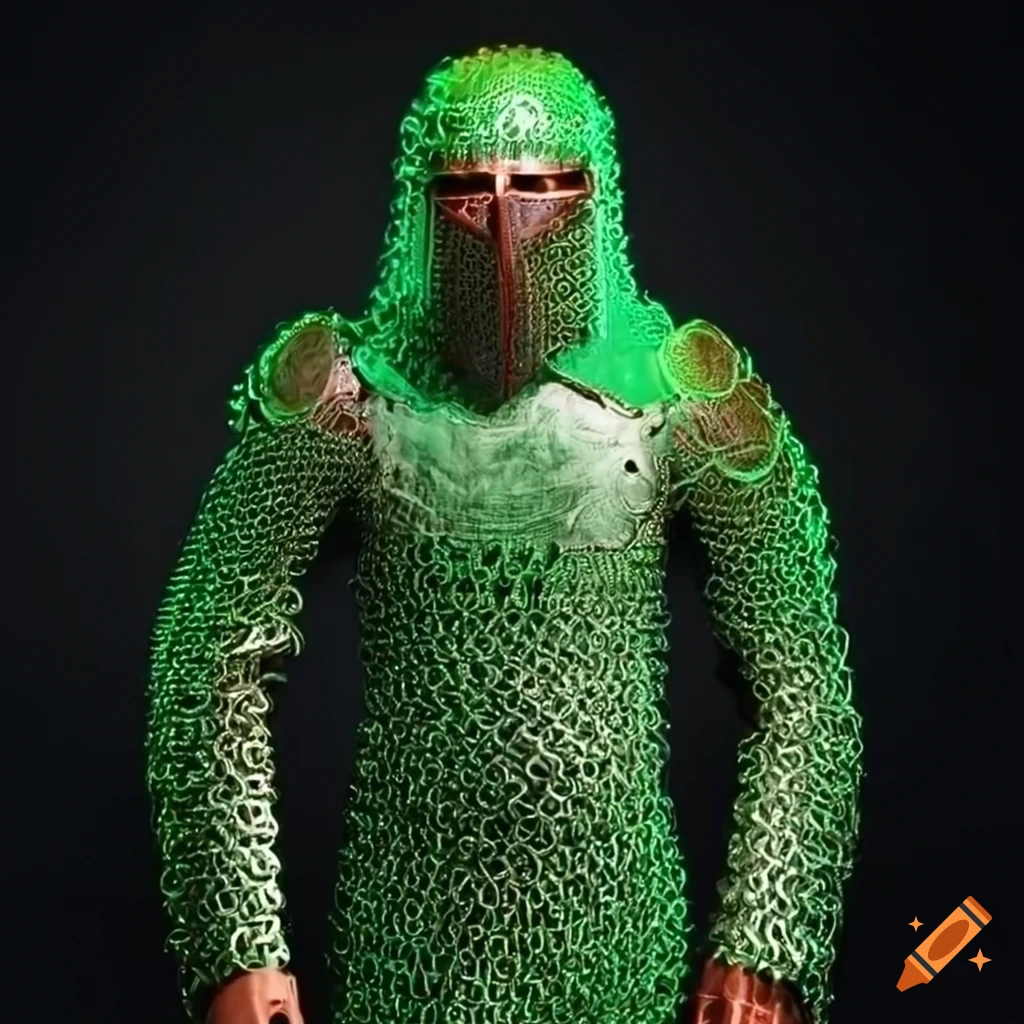 Chainmail suit of armor made of green and red shining jewels in a ...