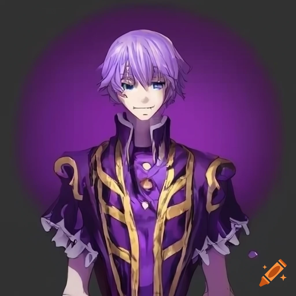 Purple and gold jester anime character in full body on Craiyon