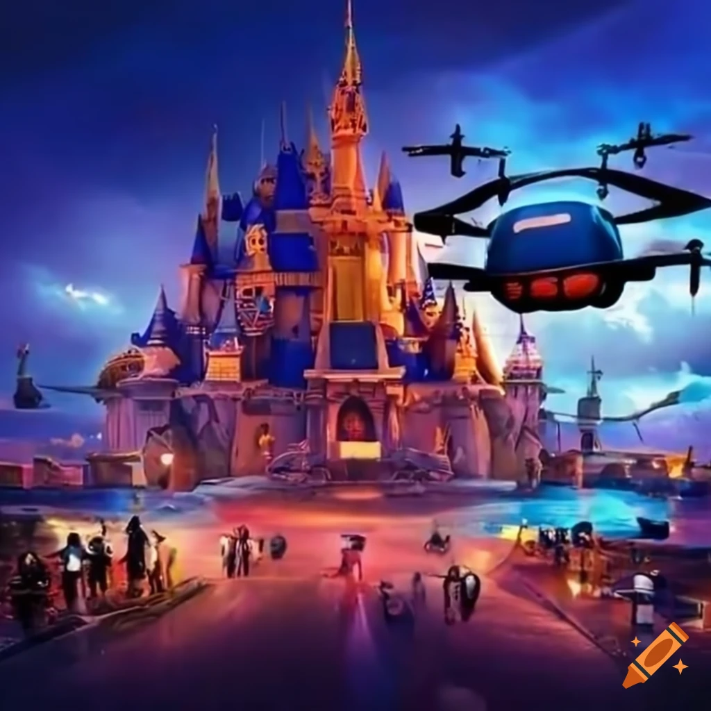 Futuristic disneyworld with flying cars and robots on Craiyon