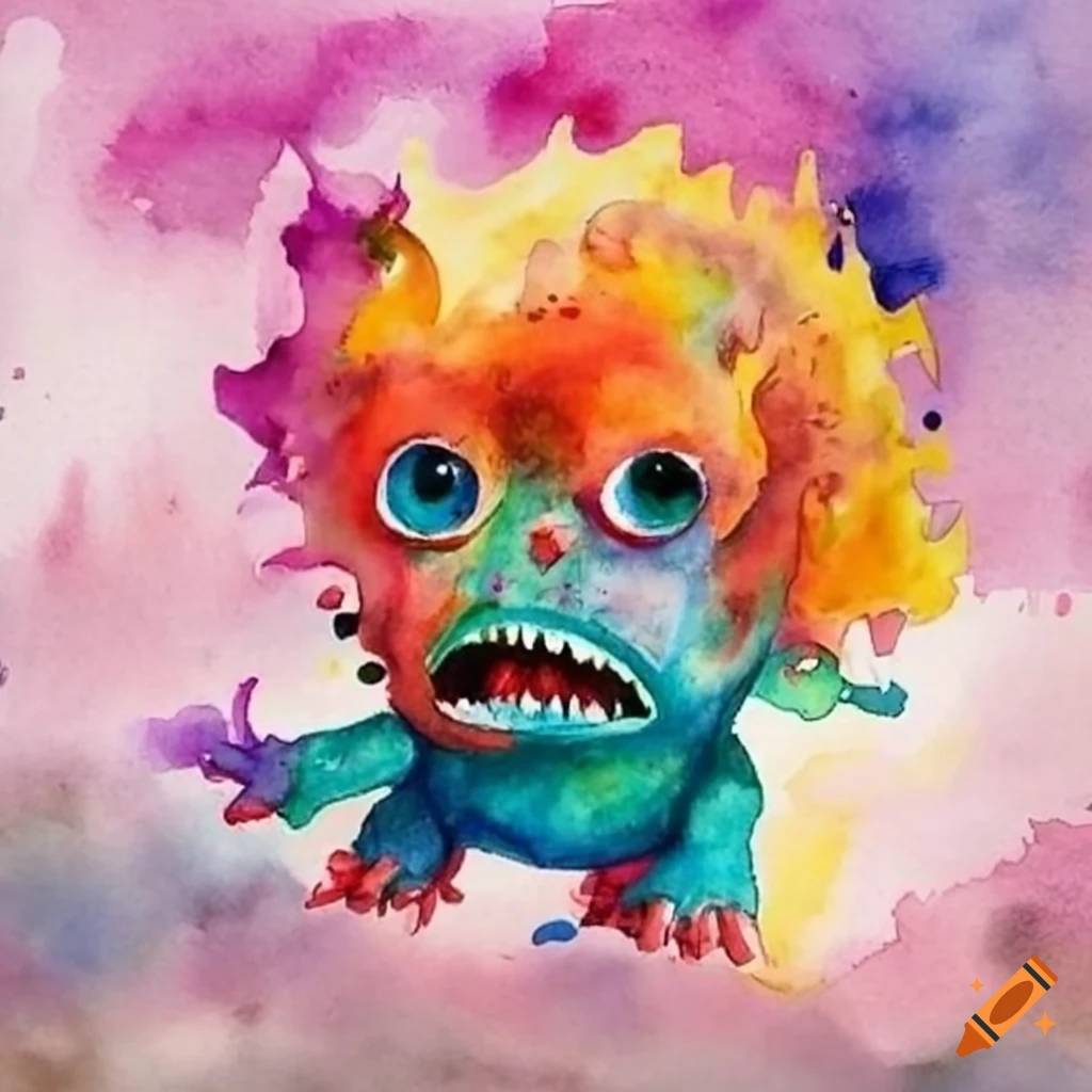 Colorful watercolor artwork of monsters on Craiyon