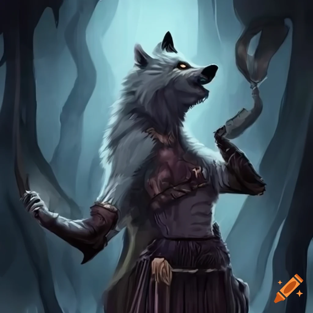 Humanoid wolf ancient witch in a roleplaying game on Craiyon