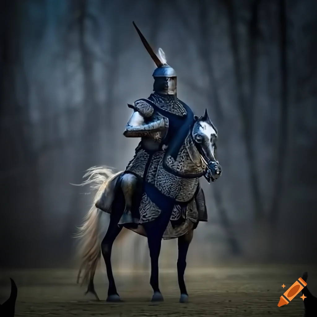 Medieval lancer in navy blue and dark grey armor riding an Arabian ...