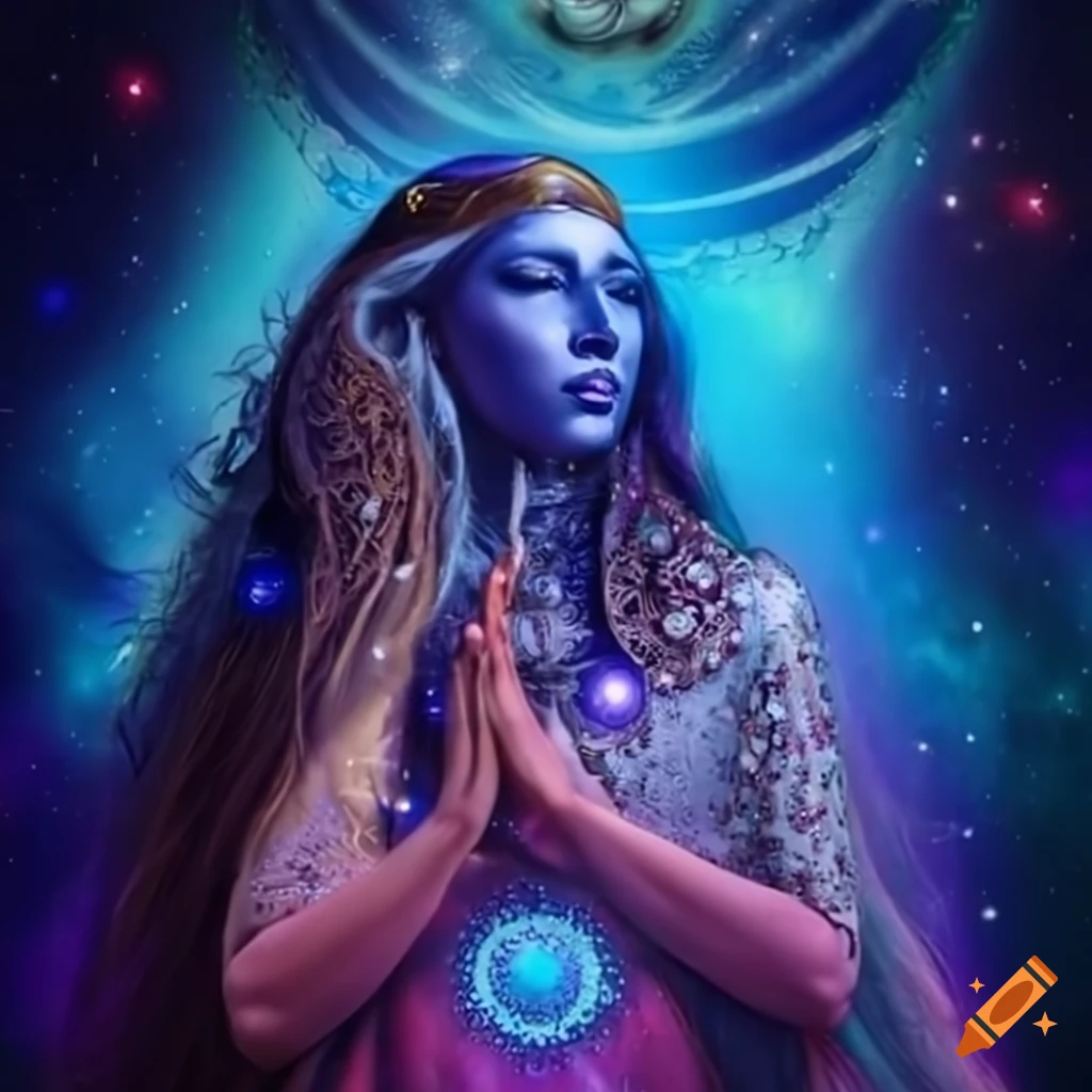 Portrait of a goddess with a shining third eye and a flying being in a blue galactic shimmering ...