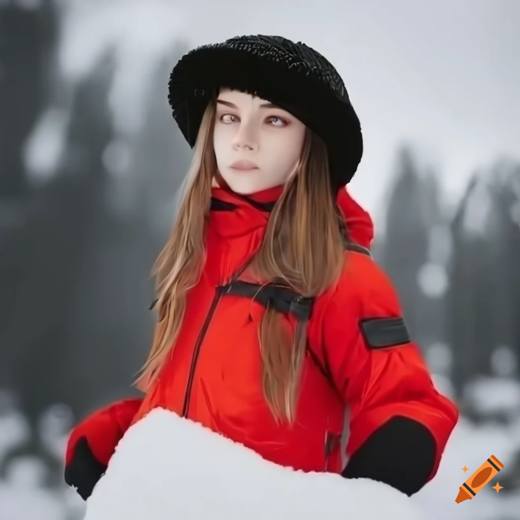 Sci-fi girl with winter attire in Australian taiga forest under a cloudy sky on Craiyon