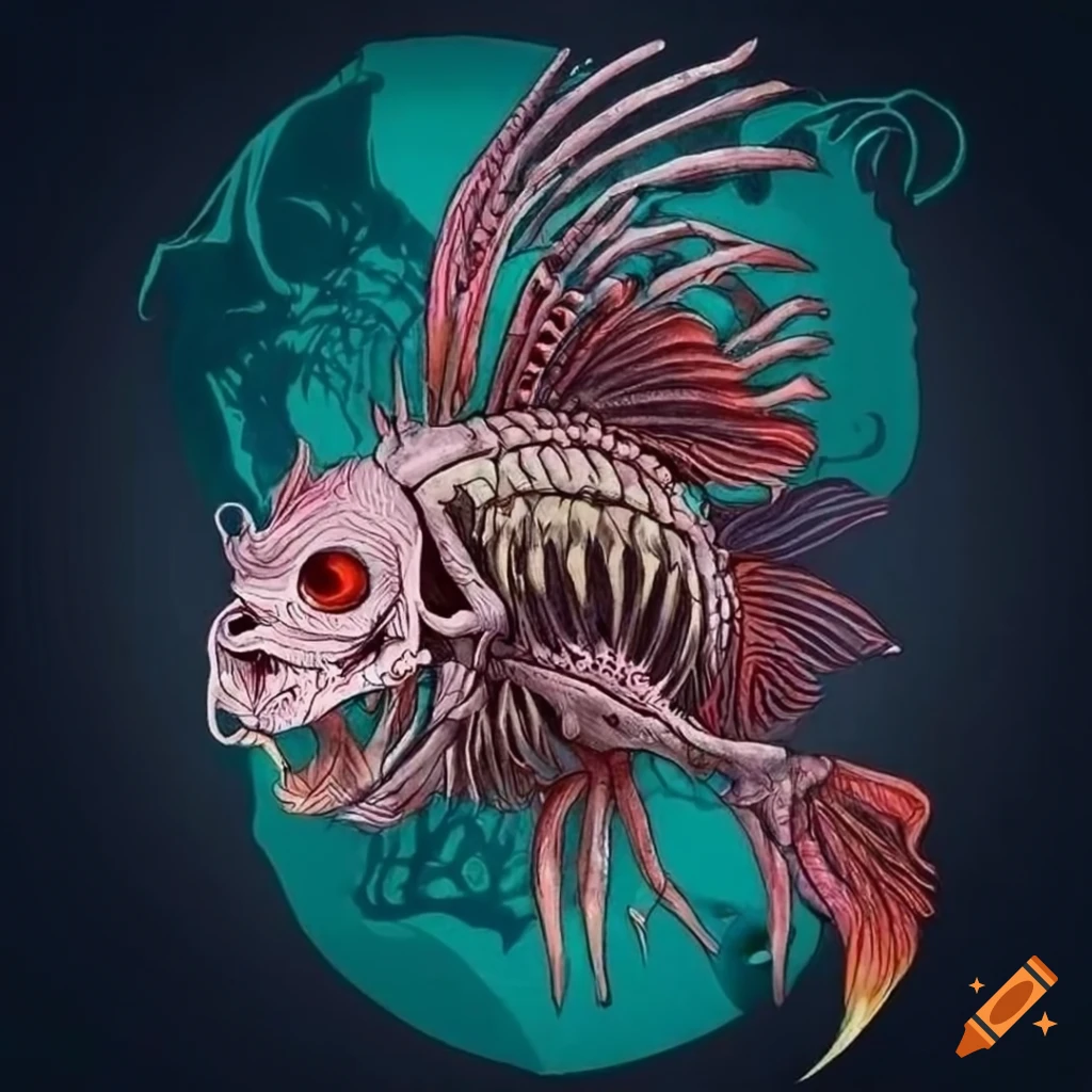 Intricate drawing of a skeleton rooster fish on Craiyon