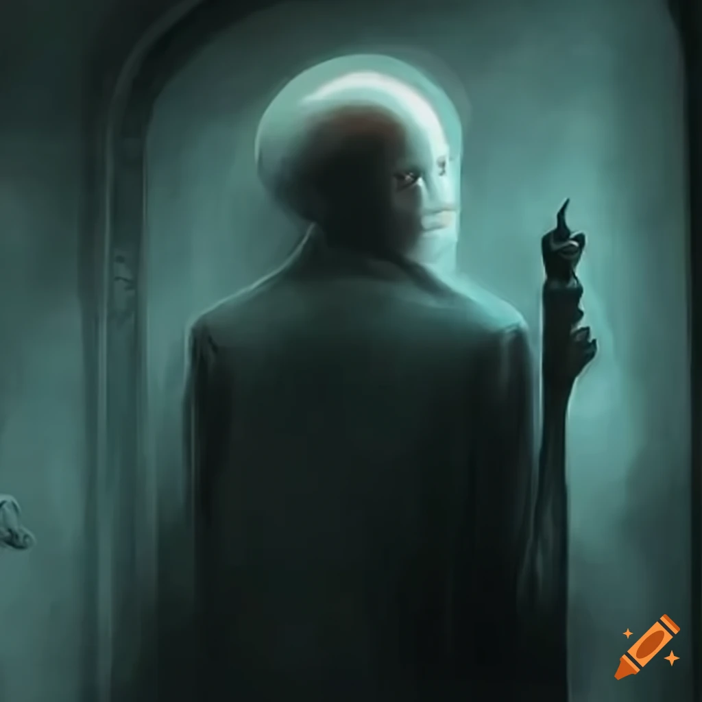 Ghost salesman knocking on a house door in a surrealist scene on Craiyon