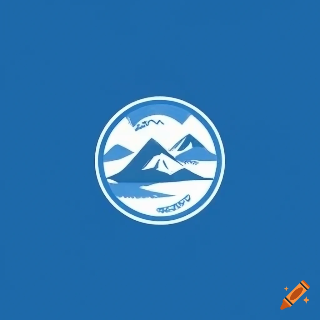 Logo with snow capped mountain and compass ticks, blue and white on Craiyon