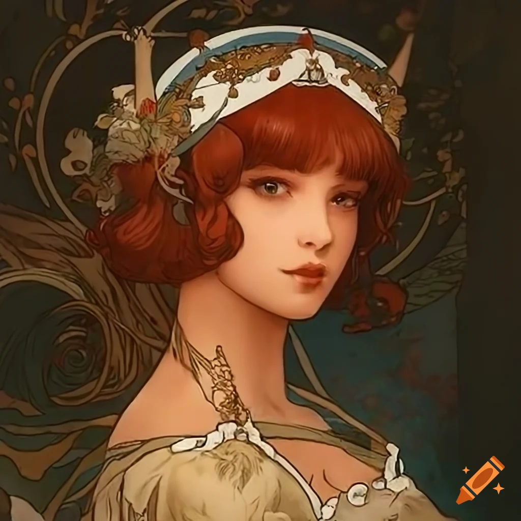 Artwork of an anime girl inspired by alphonse mucha on Craiyon