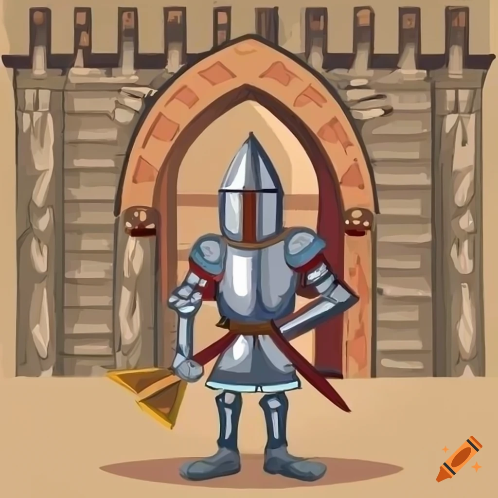 Guard knight in front of medieval castle wood gate in cartoon style on ...