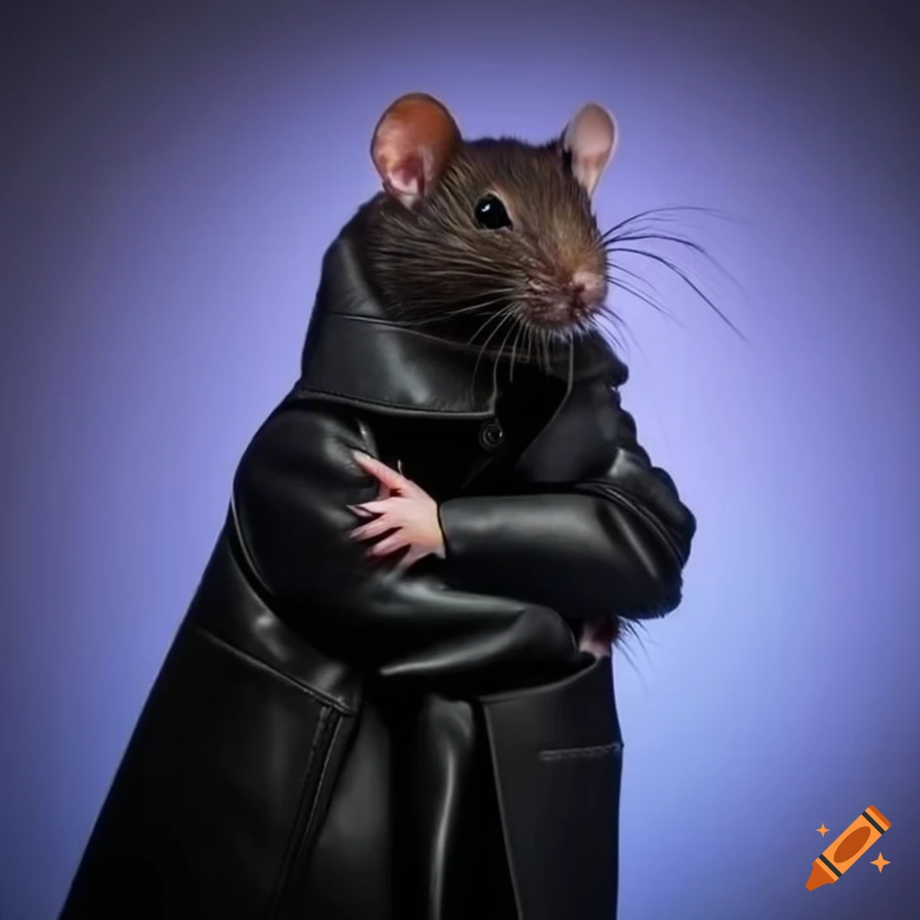 Elegant rat in a black leather coat posing for a photo on Craiyon
