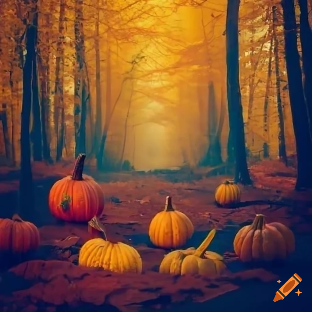 Autumnal forest landscape with colorful bursting pumpkins on Craiyon
