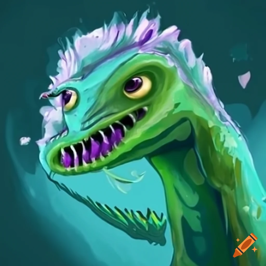 Green aquatic monster with little purple eyes and a tail on Craiyon