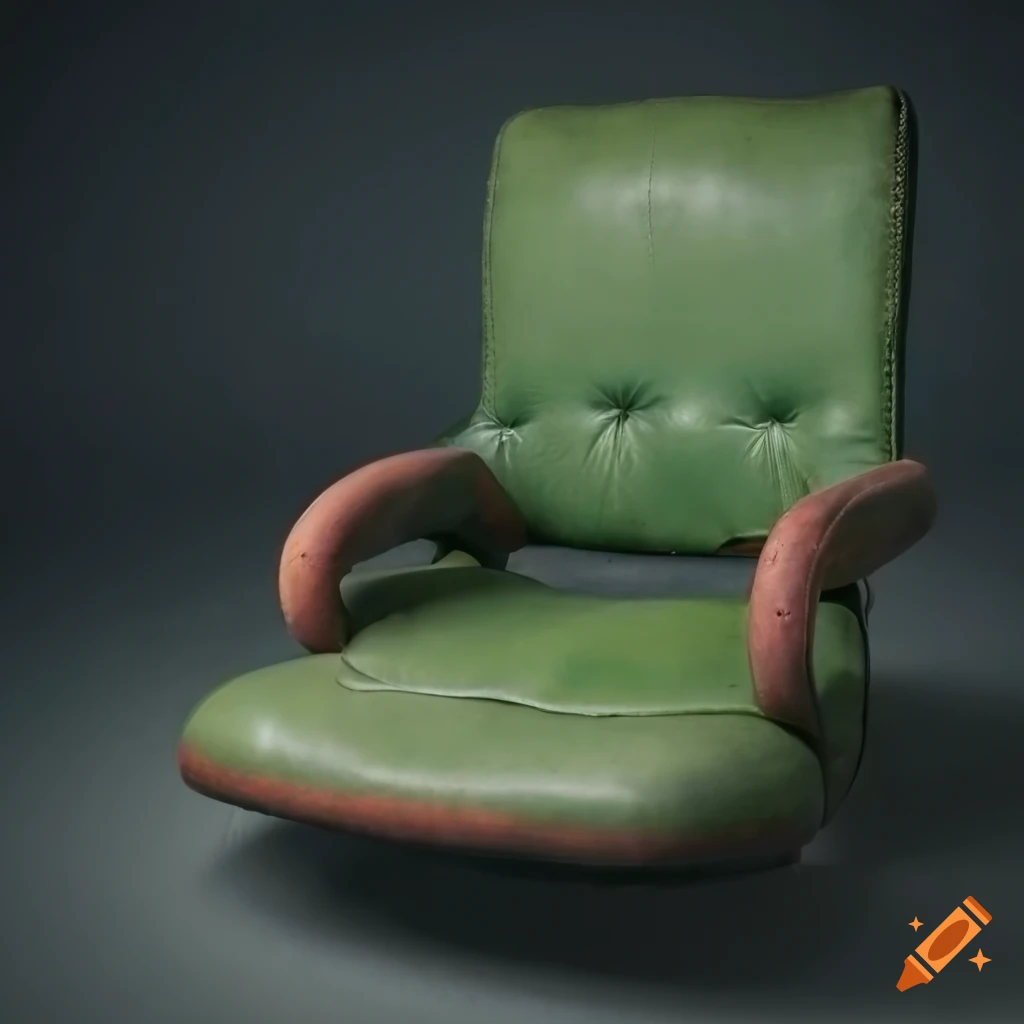 Abandoned green worn leather chair with peach piping and stuffing ...