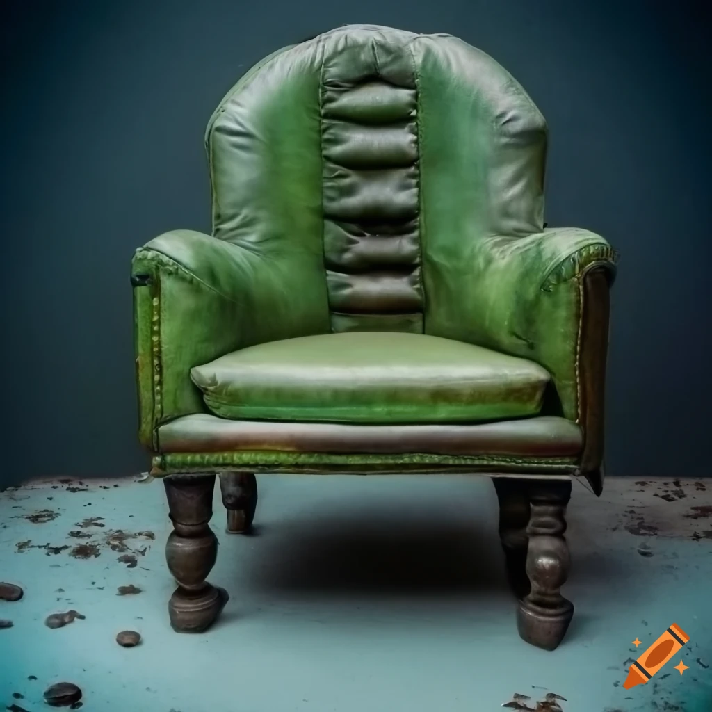 Vintage worn green leather chair with exposed stuffing under moody ...