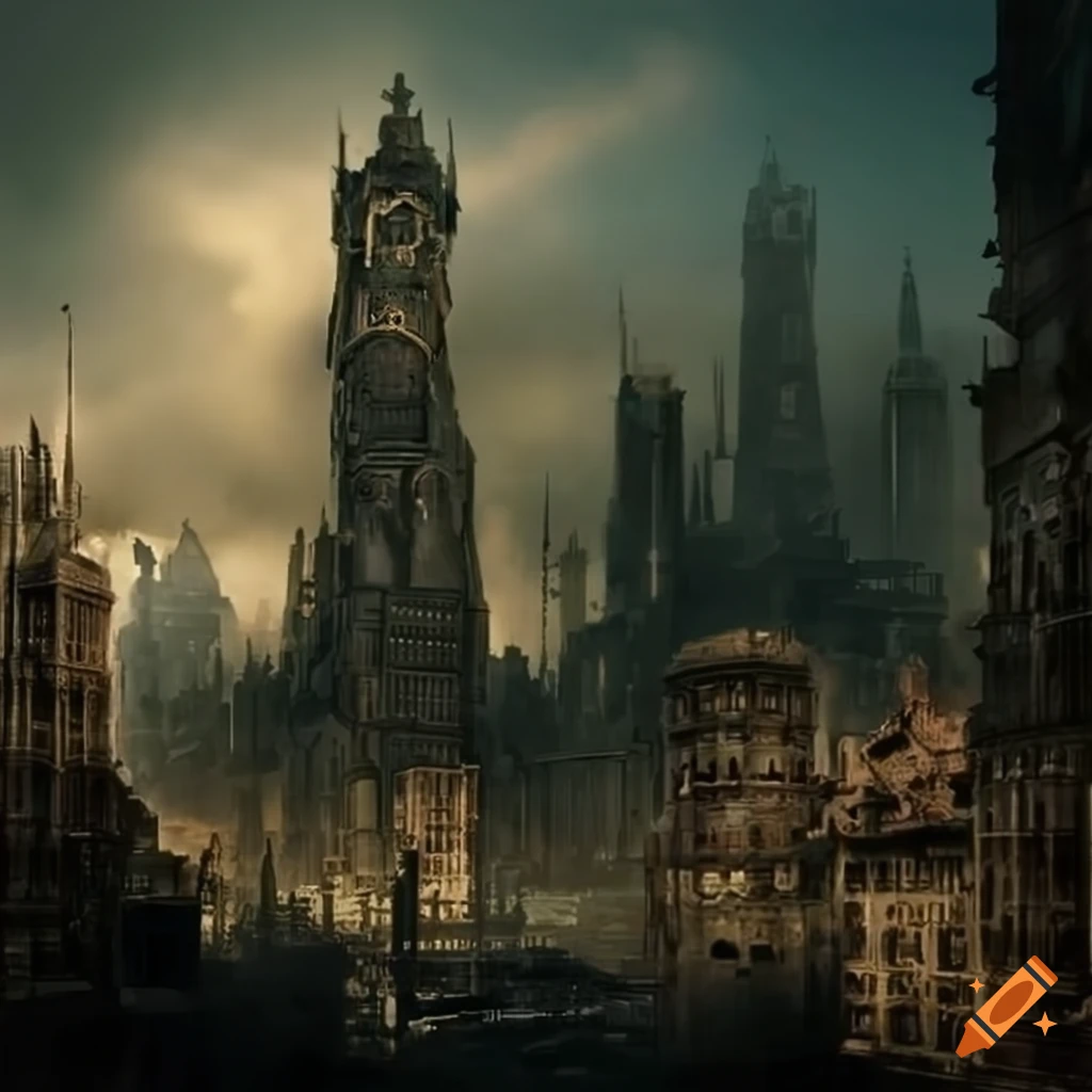 Dystopian steampunk cityscape on Craiyon