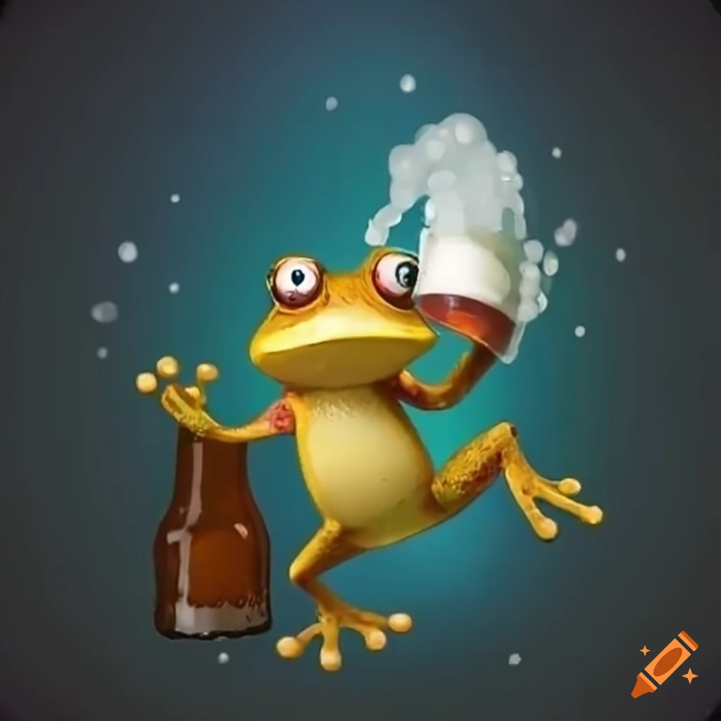 Frog leaping with a beer at a party on Craiyon