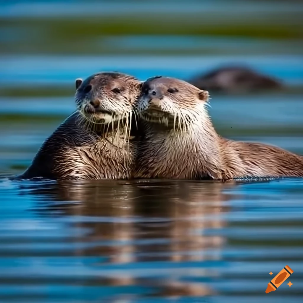 Two otters holding hands in a lake surrounded by others on Craiyon