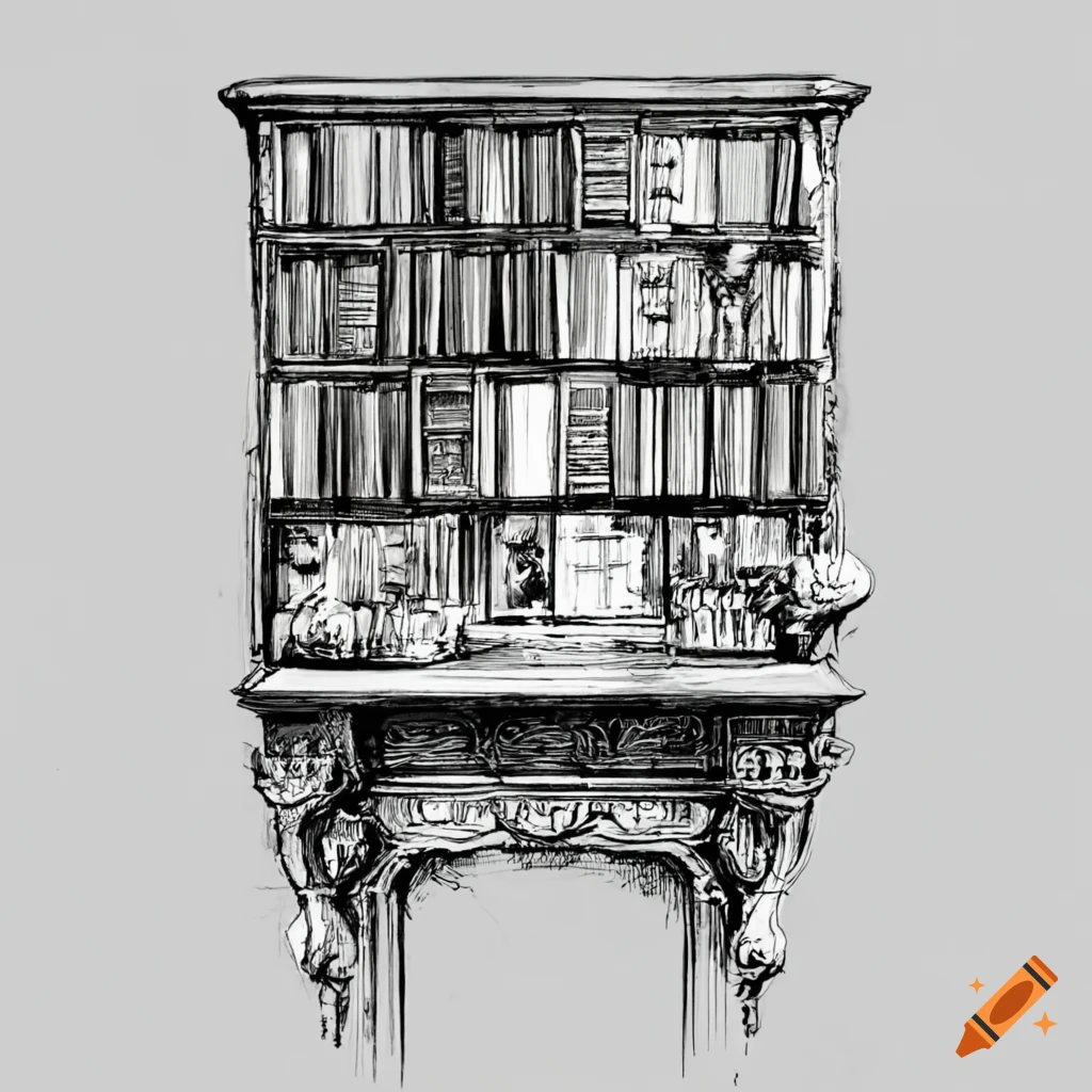 Sketch of a Victorian home library with wall sconces and books on Craiyon