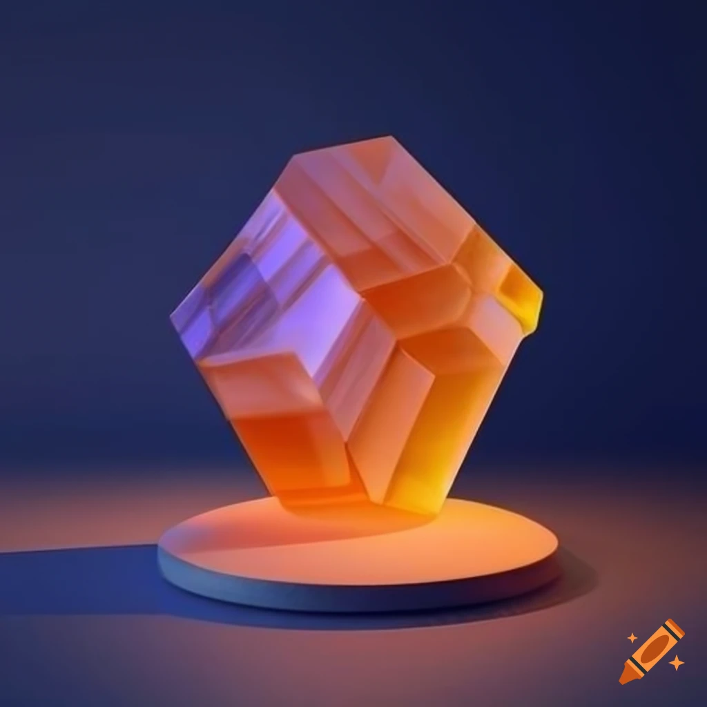 Translucent hexagonal crystal structure on a solid base with blue and orange colors on Craiyon