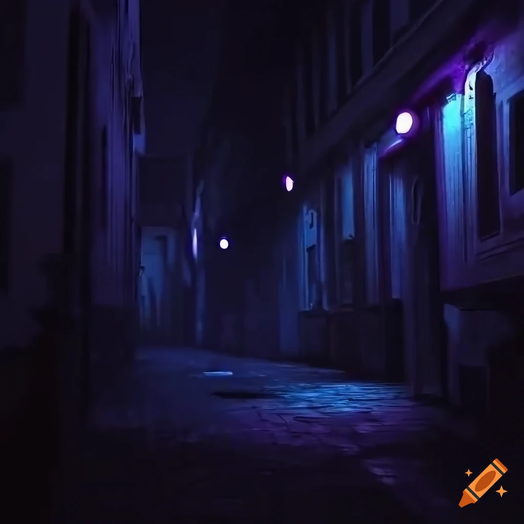 Dark alleyway with dim lighting and full moon in the night sky on Craiyon