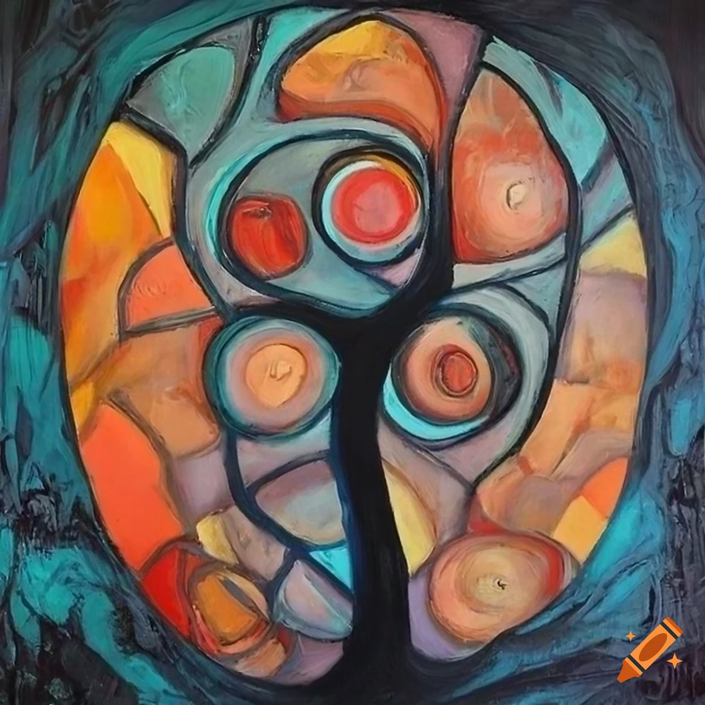 Textured detailed cubist surrealist composition of demonic bent tree on ...