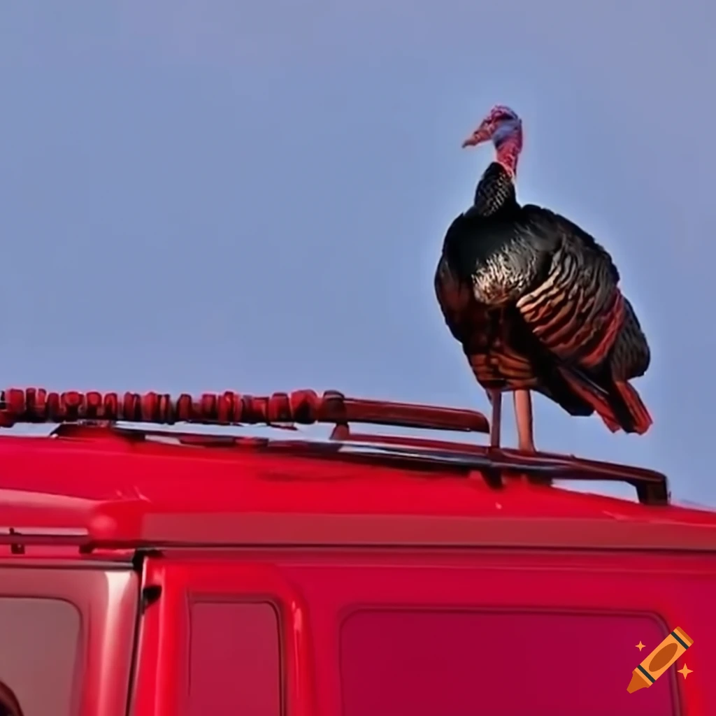 Turkey riding on a red Jeep Wrangler in a snowy canyon on Craiyon