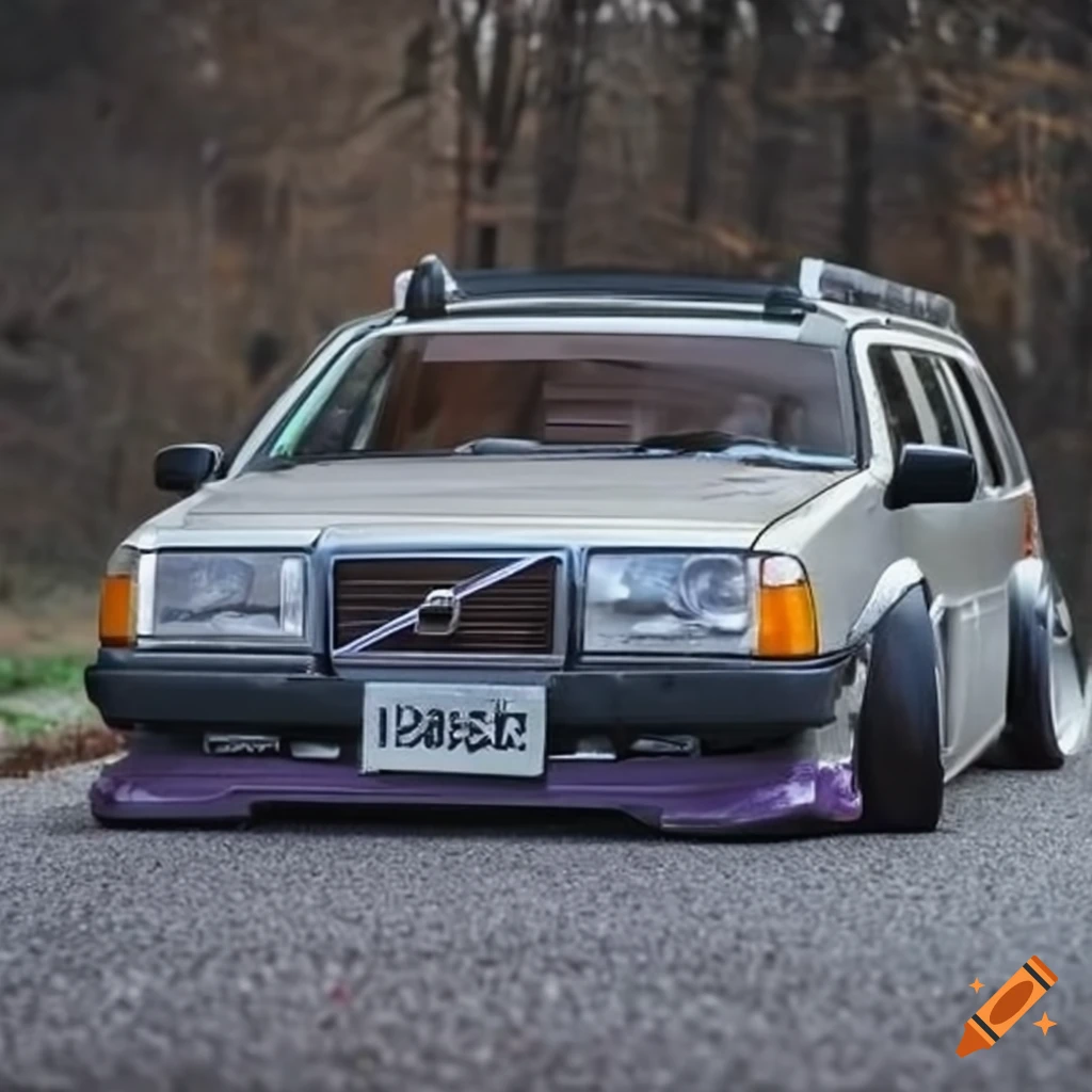 Modified Volvo 940 wagon with big spoiler drifting on Craiyon