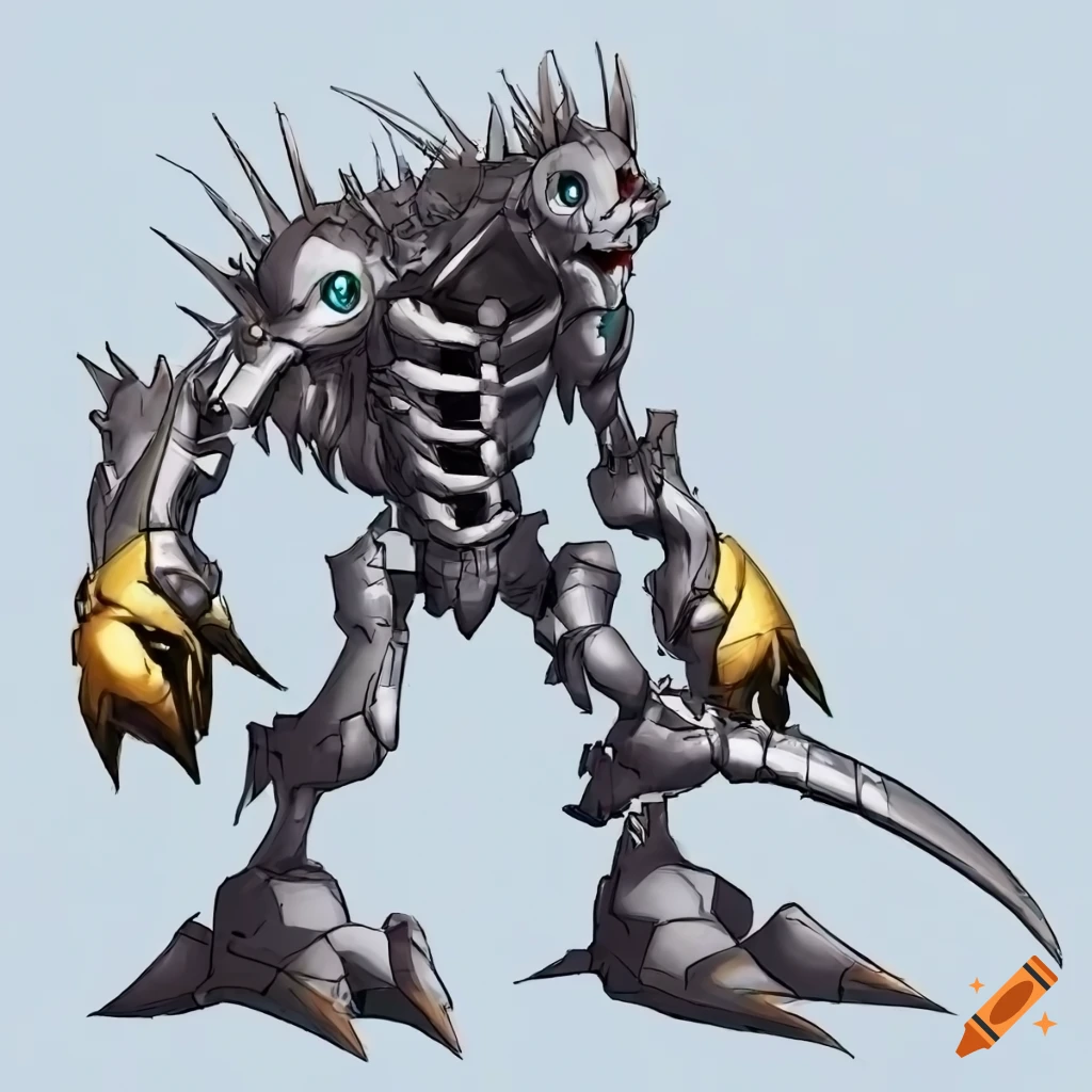 Humanoid character with exposed wires and claw gauntlet in the style of ...