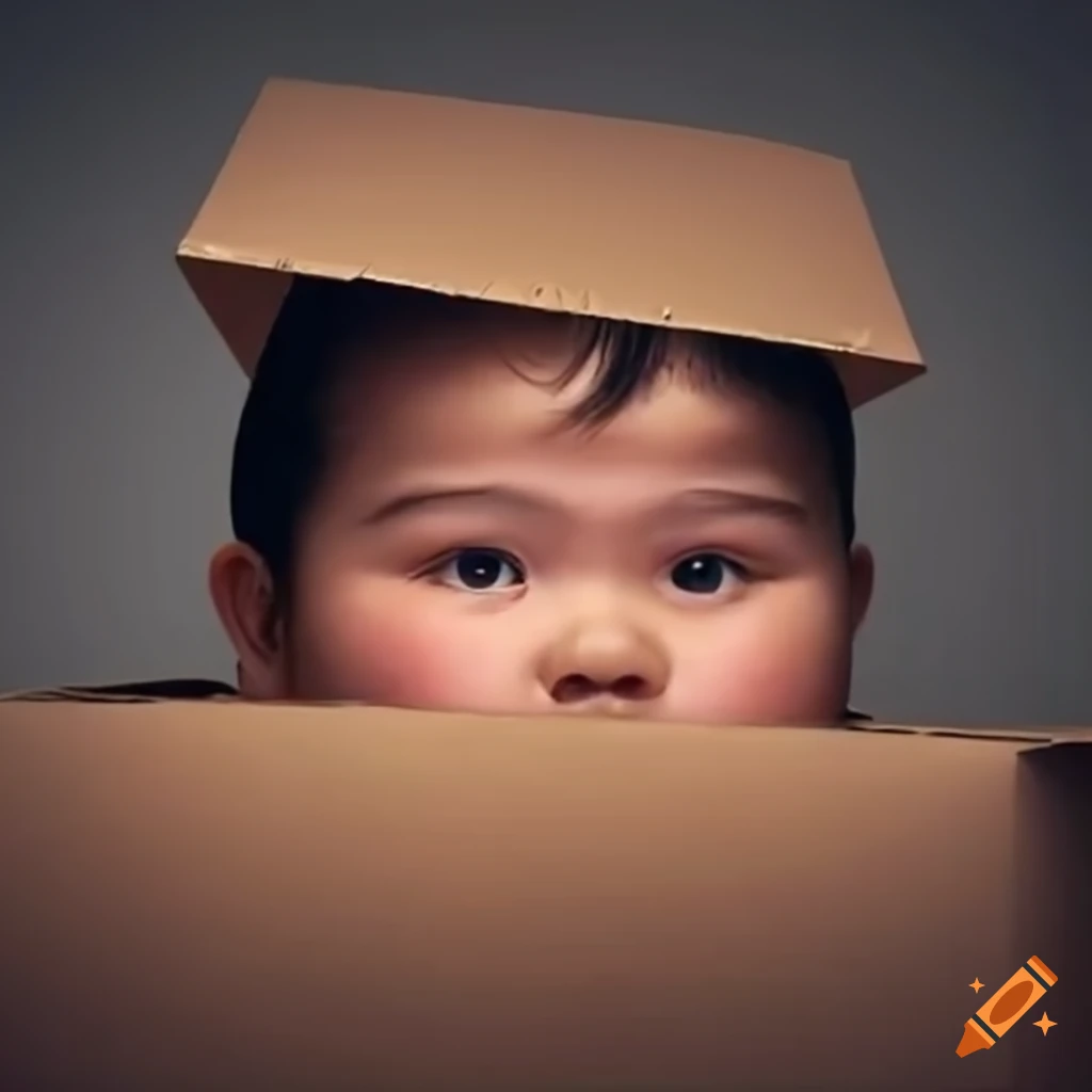 Kid hiding under a cardboard box on Craiyon